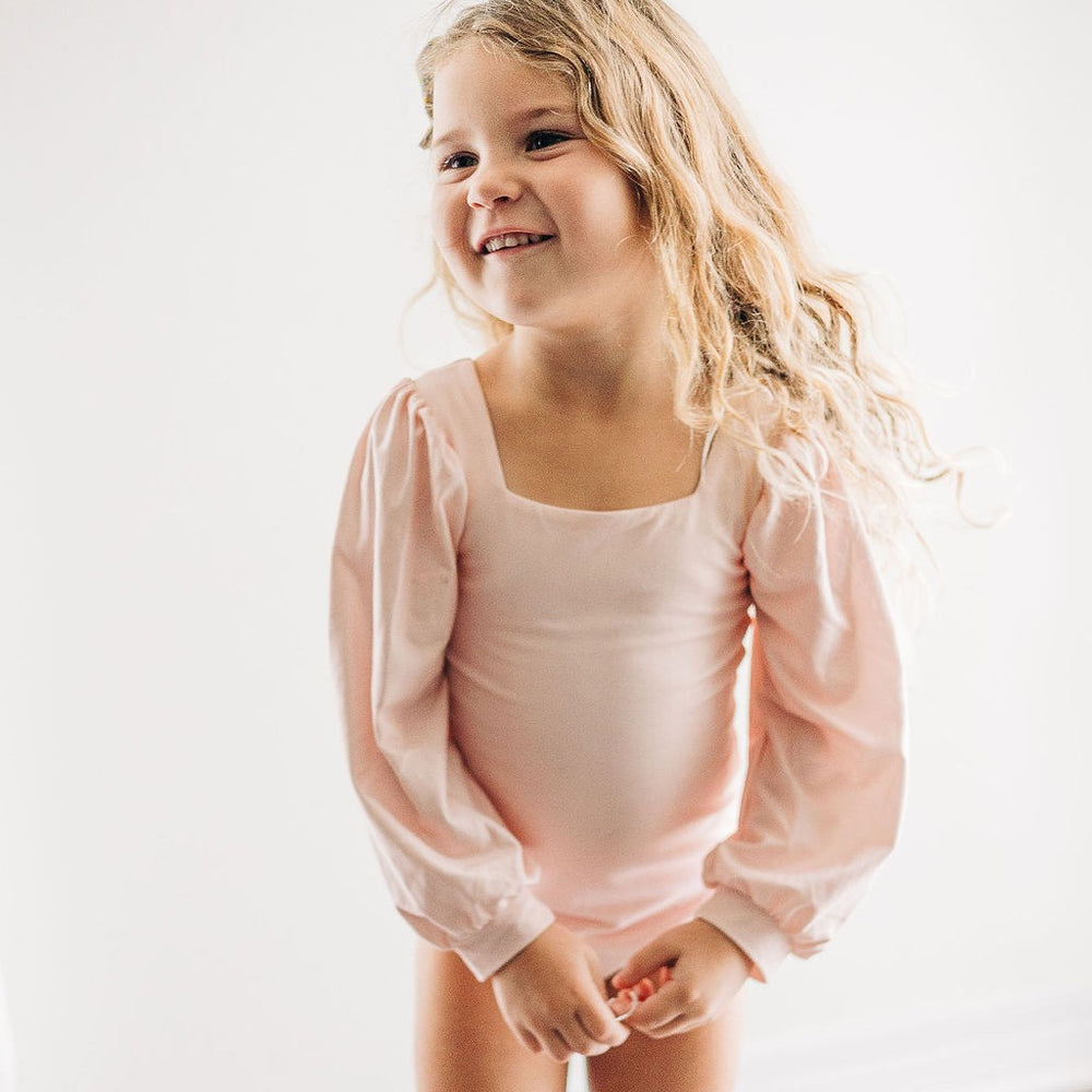 Puff Sleeve Leotard Pink Bliss Long Sleeve Cheeky Plum